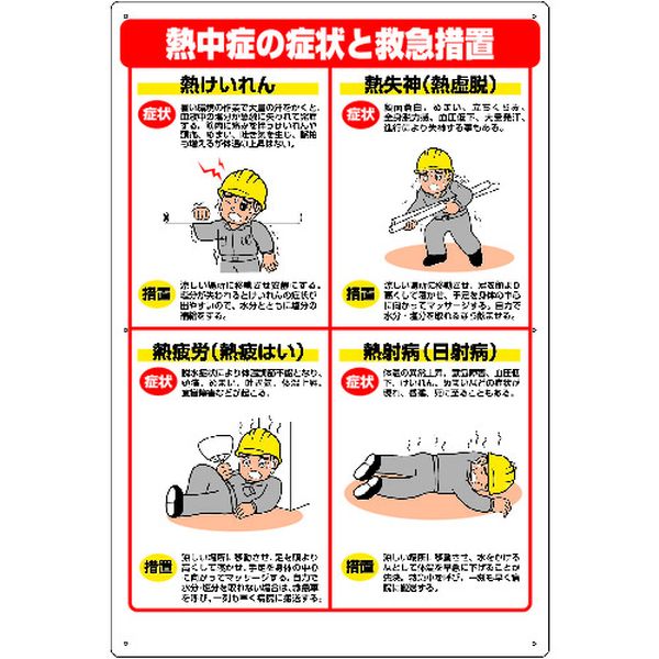 ・熱中症の症状と救急措置がとても分かりやすく表示されています。・熱中症の周知用として事業所・休憩室などに。・表示内容：熱中症の症状と救急措置・取付仕様：穴6ヵ所・横(mm)：600・縦(mm)：900・取付方法：ビス止め(ビス別売)・取付穴...