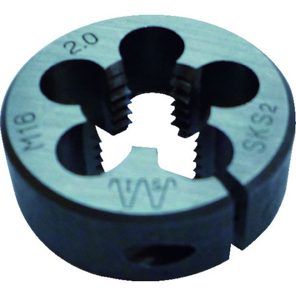 ・切り屑を逃がす穴を持った雌ネジ形の工具です。・調整ねじ付です。・加工ねじ:メートルねじ並目・雄ねじ加工用。・被削材：低炭素鋼。・呼び寸法：M3・ピッチ(mm)：0.5・外径(mm)：25・厚さ(mm)：9・加工ねじ：メートルねじ・タングス...