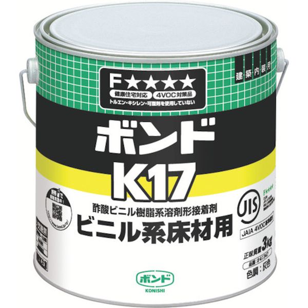 ・速乾タイプで初期粘着力が大きいのでタイルなどのおさまりが良いです。・ビニル系床タイル、木質フロア材の接着に。・色：灰色・容量(kg)：3.0・液状・主成分：酢酸ビニル樹脂系・生産国 日本・JANコード 4901490413478・質量 3...
