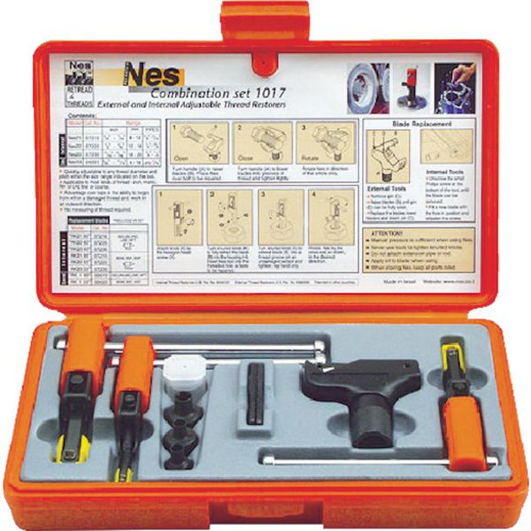 ・ねじ山修正工具のセットです。・外径ねじ山修正工具ネスと内径ねじ山修正工具アイネスのコンビネーションセットです。・つぶれたねじ山を修正する工具。・使用範囲：外径4〜18mm、内径8〜20mm・外径用刃：工具鋼・内径用刃：ハイス鋼・NS600...