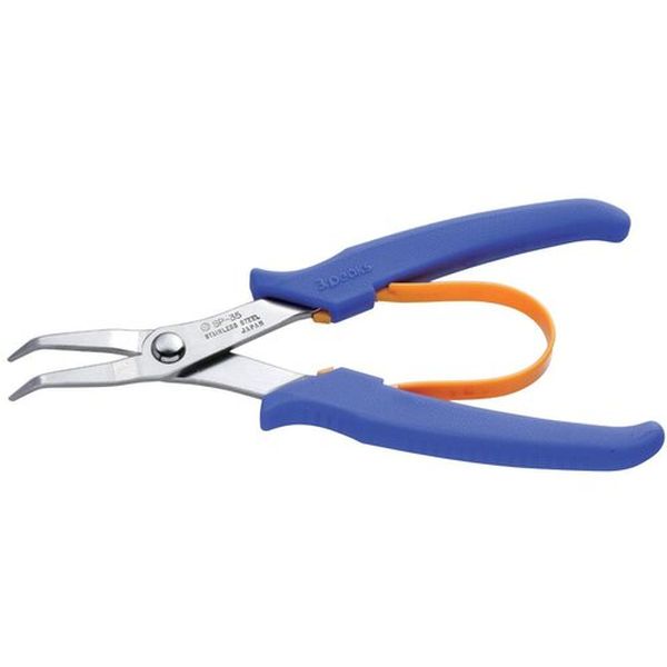 ・先端角度は45°です。・「拾う、つまむ、並べる」に適した先曲リードペンチです。・手になじむエラストマー樹脂グリップです。・全長(mm)：149・落下防止用ひも取付穴：無・プラスチック製ばね付・先端部ギザなし・ステンレス(SUS420J2)...