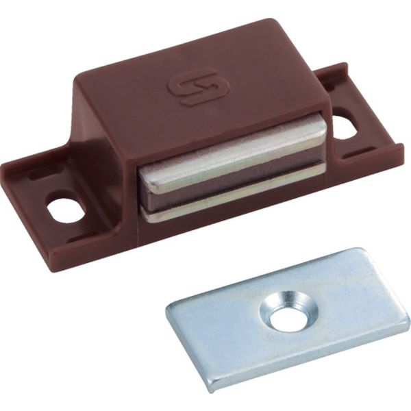 ・シンプル構造で汎用性の高いマグネットキャッチです。・色：茶・全長(mm)：40・吸着力(N)：20・受板用推奨ねじ：2.4mm・本体取付穴寸法：3.5×5mm長穴・本体:ポリプロピレン(PP)・受け金具:スチール・受け金具・生産国 日本・...