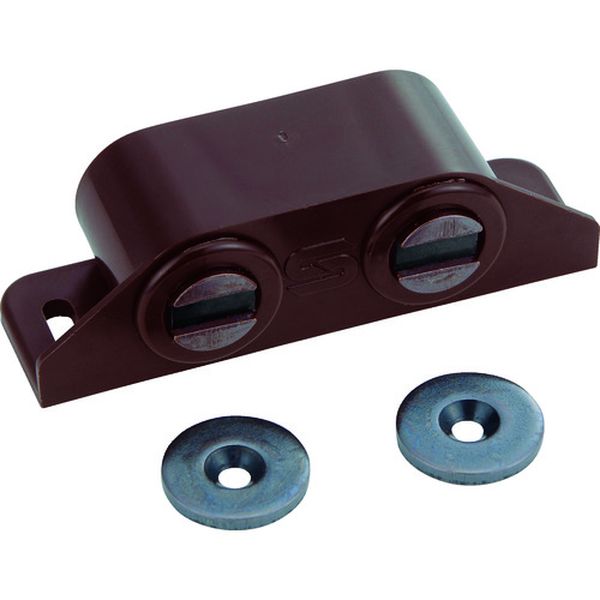 ・観音開きでのご使用に適しています。・色：茶・全長(mm)：62・吸着力(N)：30×2・取付ピッチ(mm)：51・幅(mm)：18.5(27.5)・厚さ(mm)：18・受座有無：有・受板用推奨サラねじ：2.4mm・本体取付穴寸法：3.2×...