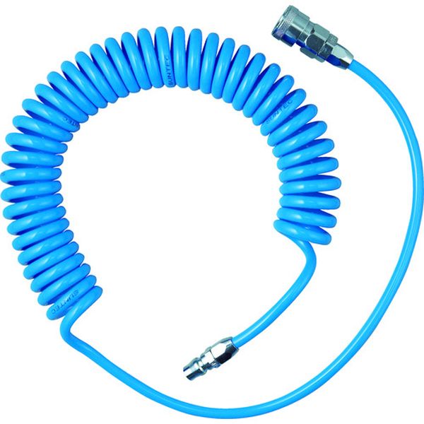 ・高弾性のポリウレタン樹脂チューブをスパイラル加工した製品のため、折れぐせがつきにくく優れたばね特性をもっています。・カップリング付きのためエア工具との脱着がスムーズです。・耐摩耗性、耐久性に優れています。・コイル径(mm)：42・色：青・...