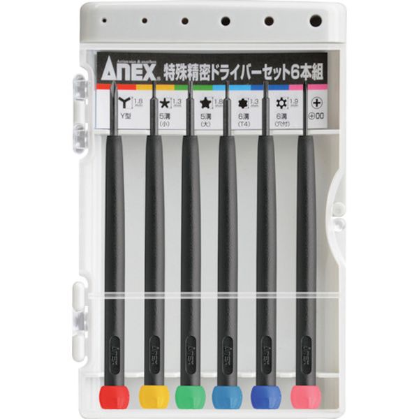 ・使用頻度の高い6種類のドライバーセットです。・スマートフォン・パソコン・精密機器などの特殊ネジ回しに。・セット内容：Y型(1.8)、5溝(1.3)、5溝(1.8)、6溝(T4)、6溝(穴付)、［［＋］］00・セット内容(本)：6・軸長(m...