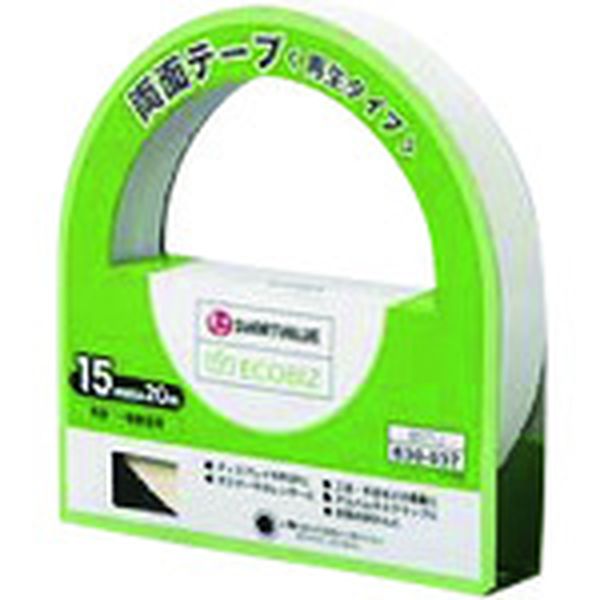 ・環境配慮タイプの両面テープです。・テープ残量がすぐわかる小窓付です。・お好みのサイズに切りやすい目盛り付です。・カッター付です。・再生タイプです。・幅(mm)：15・長さ(m)：20・厚さ(mm)：0.07・両面テープ・一般用・はく離紙目...