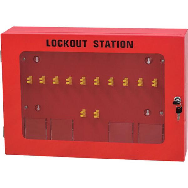 ・ロックアウト用パドロックと吊タグを一括管理できます。・透明板で中身が見えて便利です。・壁などに取り付けてご使用ください。・ロックアウト用パドロックと吊タグの管理に。・色：赤・ケース寸法(mm)幅：575・ケース寸法(mm)奥行：90・ケー...