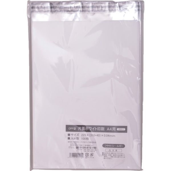 ・封筒の片面部分にホワイト印刷加工を施したテープ付き(シール付き)OPP袋です。・DMや書類の包装、保管に。・色：透明/ホワイト・縦(mm)：310・横(mm)：225・厚さ(mm)：0.04・テープ部:30mm・延伸ポリプロピレン(OPP...