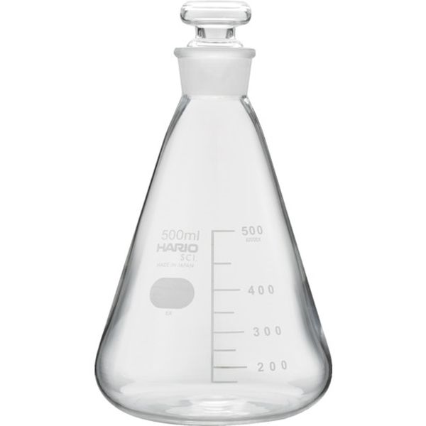 ・耐熱性、化学的特性に優れた高品質な耐熱ガラスを使用したフタ付三角フラスコです。・試薬の撹拌に、保存用。・容量(ml)：500・目盛間隔(ml)：50・外径(mm)：108・高さ(mm)：184・色：透明・首外径(mm)：37・口部大径(m...