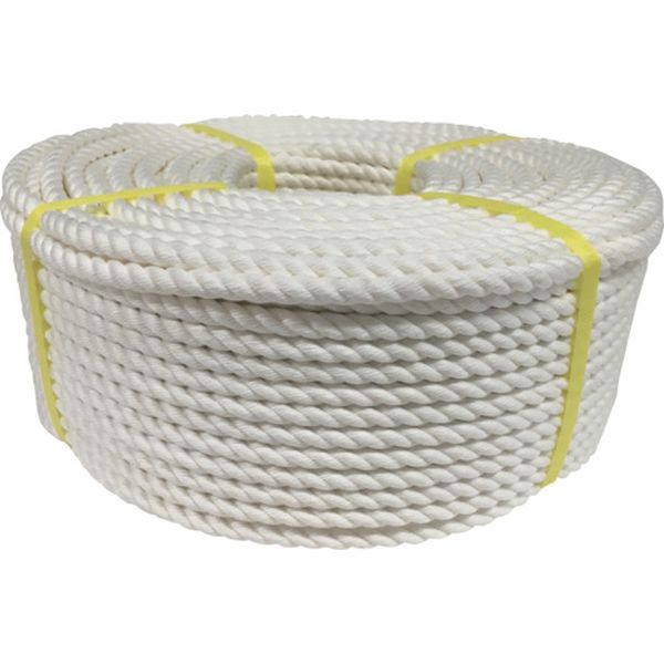 ・手触りがよく扱い易い、耐候性、耐久性に優れた強度の強いロープです。・各種結束、テント、タープ用など。・各種結束等用。・色：白・線径(mm)：9・長さ(m)：100・ロープの打ち方：3つ打・包装形態：バンド掛巻・両端テープ止め・ビニロン・生...