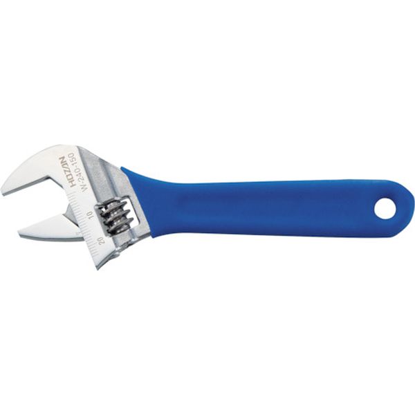 ・握りやすく力を加えやすい滑り止めグリップ付きです。・全長(mm)：150・最大口開き(mm)：24・適用ボルト・ナット：M16以下・ワイドモンキーレンチ・目盛り付き・本体：炭素鋼・グリップ：軟質塩化ビニール・警告：電気が流れている個所には...