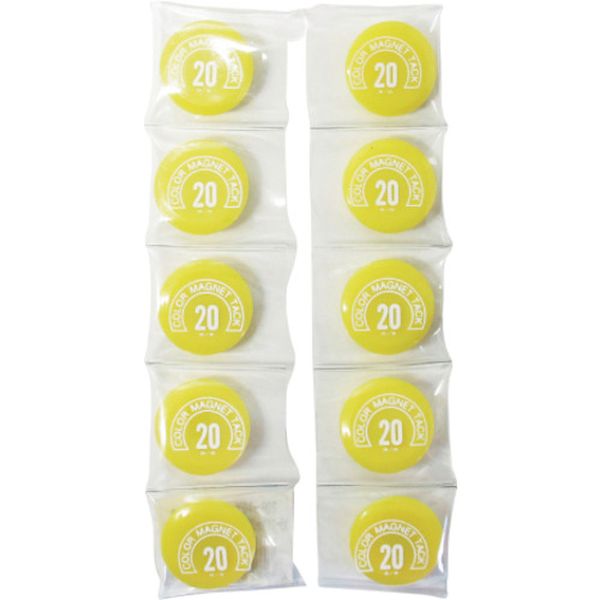 ・直径20ミリのマグネット、プラスチック部分が平らなのでシールなどを貼ることができます。・色：黄・寸法(mm)：成型部Φ20mm、磁石Φ10・包装：10個連結PVC個装・入数：10個入・再生PS樹脂40％、ヨーク板、マグネット・生産国 中国...