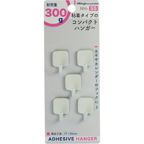 ・耐荷重約300gの粘着式フックです。・粘着タイプのハンガーです。・垂直耐荷重(kg)：0.3・色：白・縦(mm)：24・横(mm)：17・耐荷重(kg)：0.3・寸法(mm)：全長24・包装：フックの出来るスライドパック・入数：5個・鋼板...