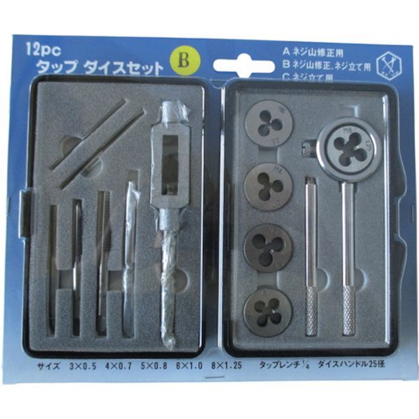 ・多様なサイズが入っているので様々な作業に適しています。・ねじ山修正に。・加工ねじ：メートルねじ・中タップ：M3×0.5/M4×0.7/M5×0.8/M6×1.0/M8×1.25　各1本・ダイス25径：M3×0.5/M4×0.7/M5×0....
