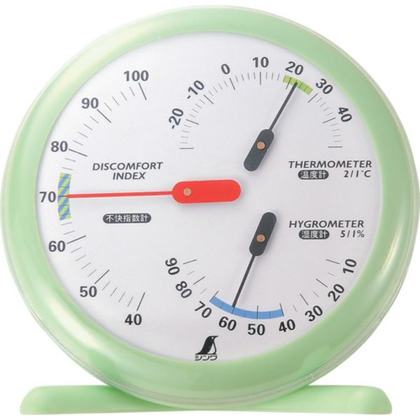 ・快適温度・快適湿度は色を付けて分かりやすくしてあります。・置き型にも、壁掛けにもできます。・温度と湿度と不快指数を測定・測定範囲温度計(℃)：-30〜50℃・湿度計(%)：10〜90・不快指数系：45〜90・本体:スチロール樹脂・目盛板:...