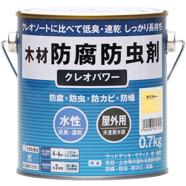 ・クレオソートに比べて低臭・安全、しっかり長持ちします。・屋外木部保護用・色：クリヤー・容量(L)：0.7・乾燥時間：(20℃)：約2時間・塗り重ね回数：2回塗り・塗布面積(［［M2］］)：4〜6［［M2］］(畳2.4〜3.6枚)・内容量単...