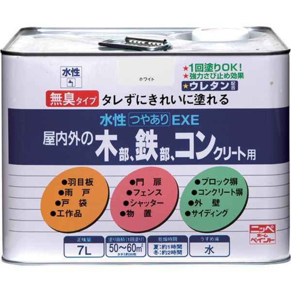 ・タレずに塗れる、1回塗りの水性ツヤあり塗料です。・イヤな臭いのない無臭タイプの塗料です。・乾きが早く、乾くと日光や雨に強い塗膜となります。・屋内外の鉄部・木部・コンクリートなど、広い用途に使えます。・色：ホワイト・容量(L)：7・乾燥時間...