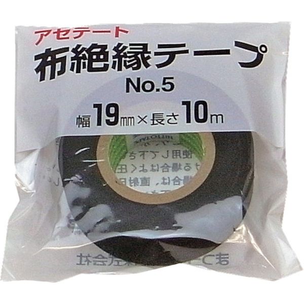 ・手切れ性のよいアセテート布絶縁テープです。・トランス、コイルなどの巻き止めに。・色：黒・幅(mm)：19・長さ(m)：10・厚さ(mm)：0.23・粘着剤：アクリル系・粘着力(N/19mm)：5.2・引張強度(N/19mm)：128・伸び...