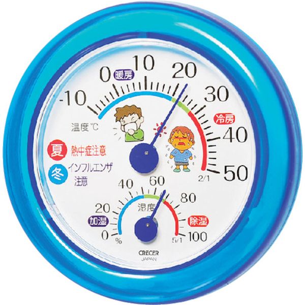 ・冷・暖房、除・加湿の目安を表示します。・測定範囲 温度(℃)：-10〜50・測定範囲 湿度(%RH)：0〜100・最小表示 温度(℃)：2・最小表示 湿度(％RH)：5・色：ブルー・直径(mm)：100・壁掛け用穴付き・卓上用スタンド付き...