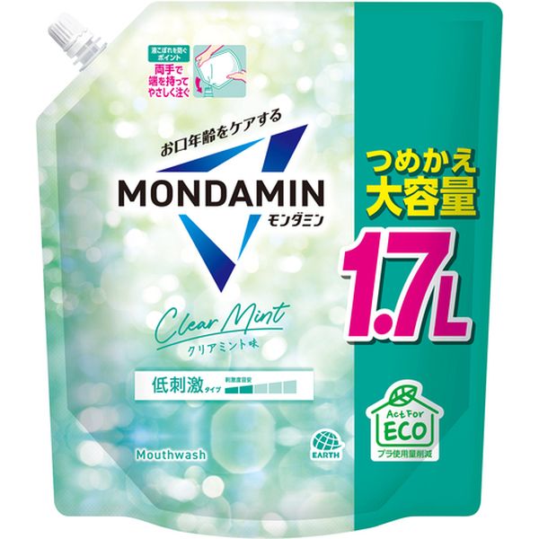 ・『モンダミン クリアミント』のつめかえ用です。・ごっそり洗えてお口美活、透明感のある息が続きます。・口臭の元となるお口の汚れをしっかり除去します。・容量(ml)：1700・香り：クリアミント・幅(mm)：225・奥行(mm)：124・高さ...