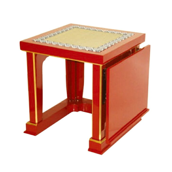 棚付仏具椅子　内陣用椅子　[朱塗面金箔押/黒塗面金箔押] 幅42×奥行38.5×座高41cm 御経箱使用時に蓋を置くのに便利です 左右どちら側からでも棚が取付可能な棚付き仏具椅子です。[朱塗面金箔押/黒塗面金箔押][右側/左側]からお選びく...