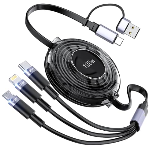 100W充電ケーブル 3in2 巻き取り式 充電コード PD対応100W/5A超急速充電 LEDディスプレイ 超高耐久 データ転送 断線防止 iPhone15/16シリーズ充電ケーブル MacBook Pro/iPad Pro/Surfac...