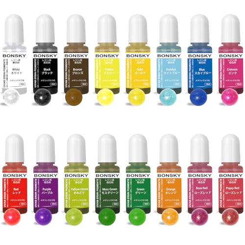 Bonsky レジン 着色剤 レジン液 エポキシ樹脂 着色剤 メタリックカラー-16色*10mlUVレジン用染料 エポキシ樹脂顔料 高濃度 レジン液用 カラー 樹脂着色用 樹脂/アルコールインク紙/ガラス/セラミック/金属などに適用 レジン...