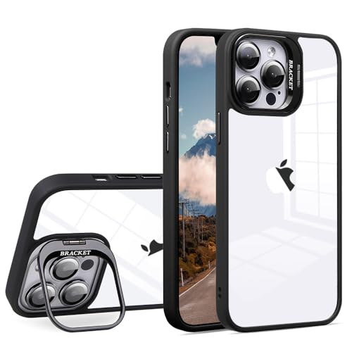 JOOBOY スマホ ケース 対応 iPhone 15 Pro ケース レンズスタンド付き クリア PC背面+TPUバンパー レンズカバー付き 耐衝撃 ストラップホール付き アイフォン15プロ ケース 用 スマホケース (ブラック)・対応機...