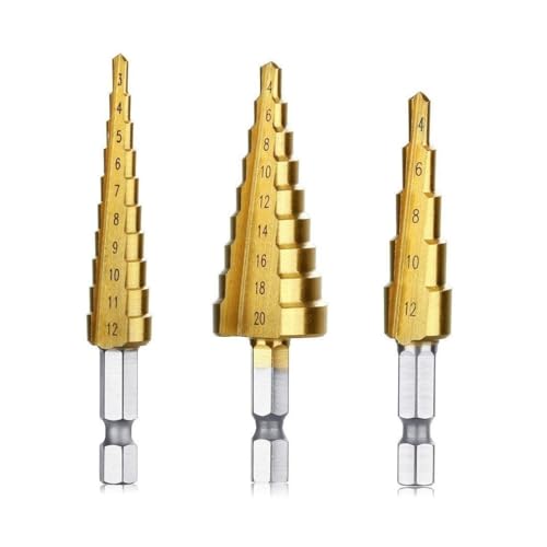 ステップドリル, チタンコーティング, 六角軸 3本セット, 4-20mm/4-12mm/3-12mm, タケノコドリル・セット内容: チタンコーティング加工された3本セット (4-20mm、4-12mm、3-12mm) の高性能ステップド...