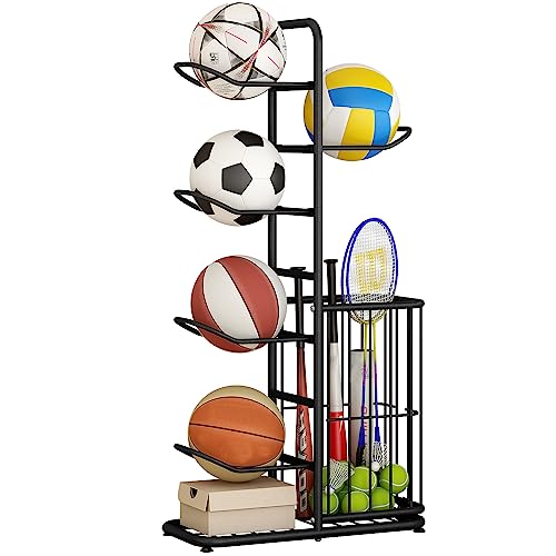 ADTSADDTO ボール収納棚、サッカーラック、ボール収納ガレージ、ボールラック、ガレージスポーツ器材収納場所、バスケット収納棚、バスケット付き、おもちゃ/スポーツ装備収納室内・あなたのすべての運動装備を整理します：この運動装備整理器は最...
