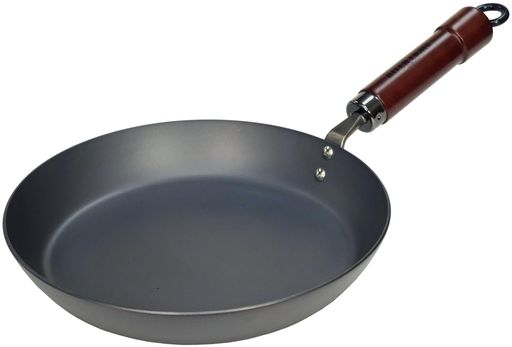 ソテー、フライパン。 サイズ(約):全長43x奥行24x全高10.7cm 本体重量(約):1420g 素材・材質:本体/鉄(冷間圧延鋼板)、ハンドル/木、本体の表面仕上げ/特殊熱処理(窒化) 生産国:日本 対応熱源:ガス火、IH対応