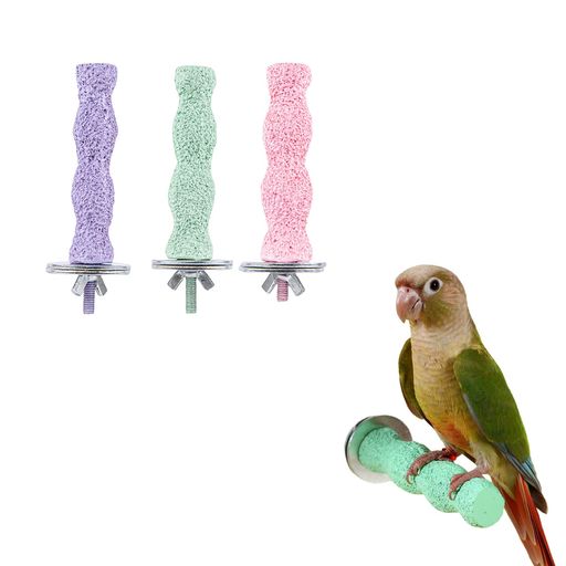 【サイズ・セット内容】長さ約8.8cm、直径約1.7-2.4cm、セット数:3本。カラーはピンク、パープル、グリーンの3色をご用意。表面に砂状の凹凸が施されており、小鳥が自分でツメを研ぐことができる、便利で実用的な爪とぎ止まり木です。 【小...