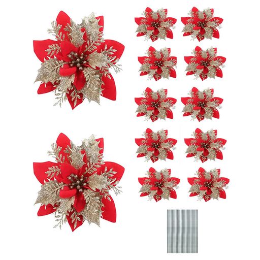 【クリスマス飾り】クリスマスツリーを綺麗に彩るポインセチア造花です。キラキラパウダーが付いているので、明るくて高級感に溢れています。みんなの注目を集める間違いなし。 【素材】クリスマスツリー造花は布とプラスチック素材を採用しており、壊れにく...