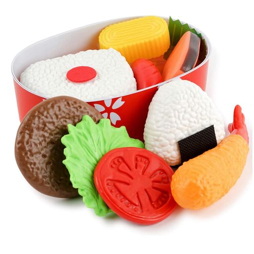 ママになりきってお弁当が作れるおままごとセット 手に持った時の質感も楽しめる、やわらかい素材を使っています セット内容:おにぎり、ごはん、エビフライ、しゃけ、ウインナー、たまごやき、トマト、ハンバーグ、レタス、ランチボックス、バラン