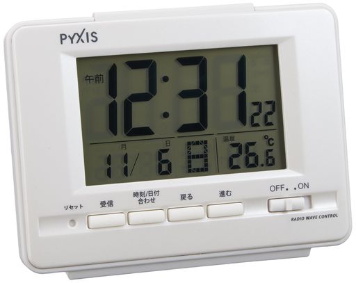 本体サイズ:9.0x12.3x4.6cm 本体重量:0.17kg 素材・材質:プラスチック枠(白パール塗装)、前面:ガラス 原産国:中国 ムーブメント:電波修正機能(40kHz/60kHz自動選局)/電波OFFつき 付属品:なし 電子音、ス...