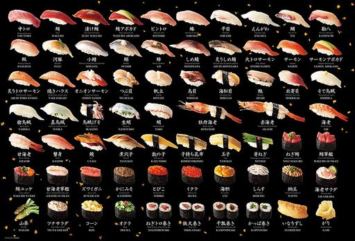 美味しい鮨をパズルで味わって組もう! シズル感あふれる全68種類が載ってます!! 日本語・英語・ローマ字の表記があります。 裏面には4種類のマークが印刷されており、ピースを分けたりピースの場所を見つけるヒントになります。 組み立てる必要がある