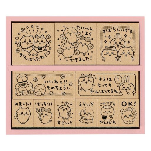 ちいかわのメッセージ付きスタンプが11個も入ったセット。3種類のサイズです。 側面にプリント入りの木製収納BOXに入ったスタンプ。持っているだけでも楽しめます。 【捺印サイズ・入数】30x30mm/3個、20x45mm/2個、20x15mm...