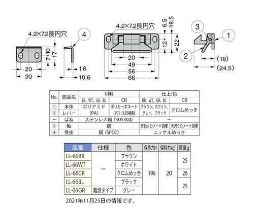 材料:カラー:グレー 保持力N/保持力kgf:196/20 材料:有色クロメート処理/ニッケルめっき 仕上:難燃タイプ