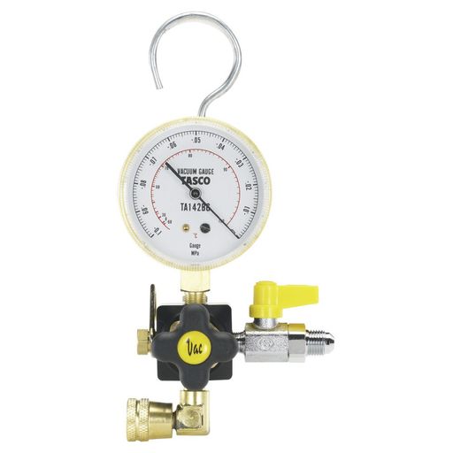 真空計:0~-0.1MPa(0~-760mmHg) 真空ゲージマニホールド:1(逆圧防止用ボールバルブ付) 取付ネジ:5/16フレアメス(ポンプ側)、5/16フレアオス(ポート側) アダプタ:5/16フレアメスx1/4フレアオス