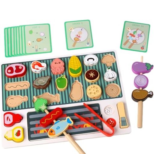【商品内容】1バーベキュー型はめパズル2棒通しおもちゃ3紐通しおもちゃ4クリップで食材パズルを挟む指先トレーニング5ゲームカードに沿って遊べるモード。おままごとを楽しみながら知育が同時に叶い、様々な知識を身に付けられます。豊富な遊び方が用意...