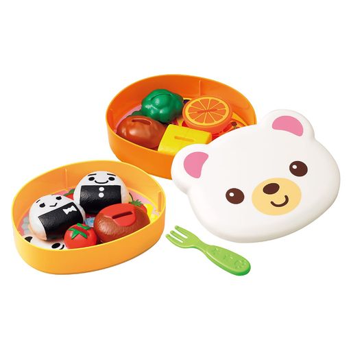 【初めてのおままごとに】初めてのおままごとにもおすすめ、お弁当セットです。お弁当箱やおにぎりなどがセットでついていますのでこれだけでも楽しく遊んでいただけます。フォークでさせる6種のフーズ入り。サクッとさして音も楽しみながら、フォークの使い...