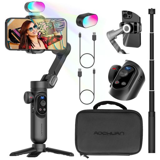 AOCHUAN Smart X Pro Combo1スマホ用3軸ジンバルスタビライザーセット。標準的な1/4ネジなが付いている延長棒。金属製の5段伸縮式ポールはハイアングル撮影に快適で、高さは20cmから73cmまで伸ばすことができ、AOC...