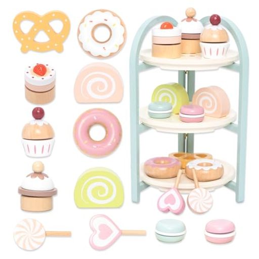 21点セット:ダブルスタンド付きの木製のおままごとセット21点入り。カップケーキ、ドーナツ、マカロンなど多様な食玩スタイルを網羅3歳以上の小さなパティシエがティーパーティーを開催するのに最適。おままごとキッチンの食材セットとして完璧な補完と...