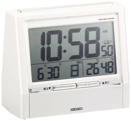 メーカー型番:DA206W 本体サイズ:10.8x12.2x6.2cm 本体重量:0.33kg 素材・材質:プラスチック枠、前面:プラスチック 生産国:中国 ムーブメント:電波修正機能(40kHz/60kHz自動選局)/電波OFF機能つき ...