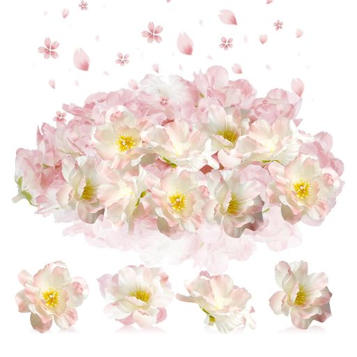 「商品仕様」:素材:シルク、セット内容:50本セット、サイズ:直径4.5cm 「材質について」:花茎はプラスチック製で、茎は短く、底に小さな穴が開いており、工芸品作りにも便利です。花びらはシルク布で精巧に作られ、一本の花に3つの重ね咲きの桜...