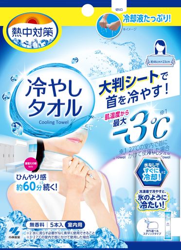 首にかけて使用する大判タイプのシート(約46cmx23cm) 首にかけて使用すると肌温度から最大-3°C冷やします ※27°Cの室内で首にかけて使用した場合 メントール配合のひたひたシートで、首もとのひんやり感が約60分続きます ※27°C...
