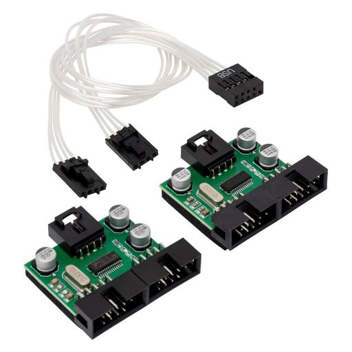 基板タイプ。PCケース内取り付け用。USBポート:8(USB2.0の2x5ピンヘッダーx4)。USBバスパワー専用 マザーボード側:2.54mmピッチ4ピンオス デバイス側:2x5ピンオスx4 対応規格:USB2.0/1.1、High-Sp...