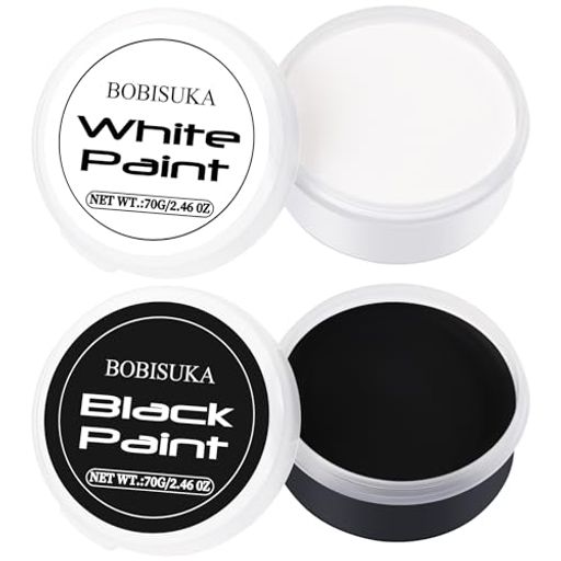 【黒+白フェイスペイント】BOBISUKAドーランセットは黒色と白色が含み、一つの内容量は70G/2.46OZです。大容量です!!この大容量デザインはもっと欲しいメイクを作りできます。フェイスにもボディにも適用です。 【安全成分】実験室でテ...