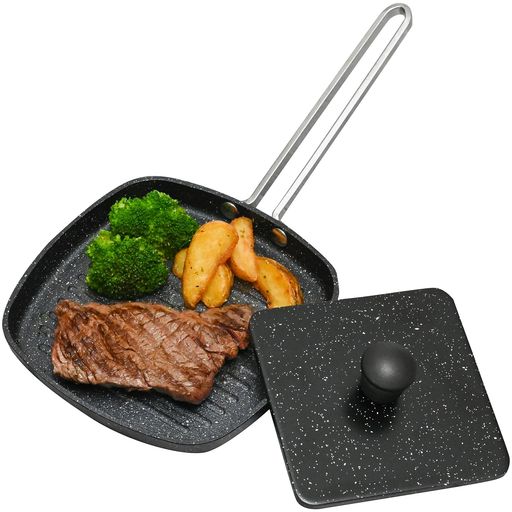 蓋付きグリルパンで波状加工&amp;グリルプレスで焼き料理が更に美味しく!プレスして焼く事で旨味を閉じ込め、より美味しく仕上がります。 グリルプレスを食材の上に置いておく事でちょうど良い重さ(約540g)食材はつぶさず、余分な蒸気だけを逃す...
