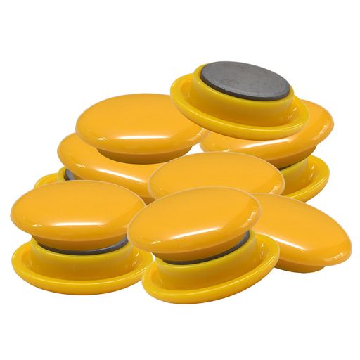 色:黄 本体寸法:Ф40x11mm 個数:12個入り 材質:PS、フェライト磁石 保持枚数:約9枚